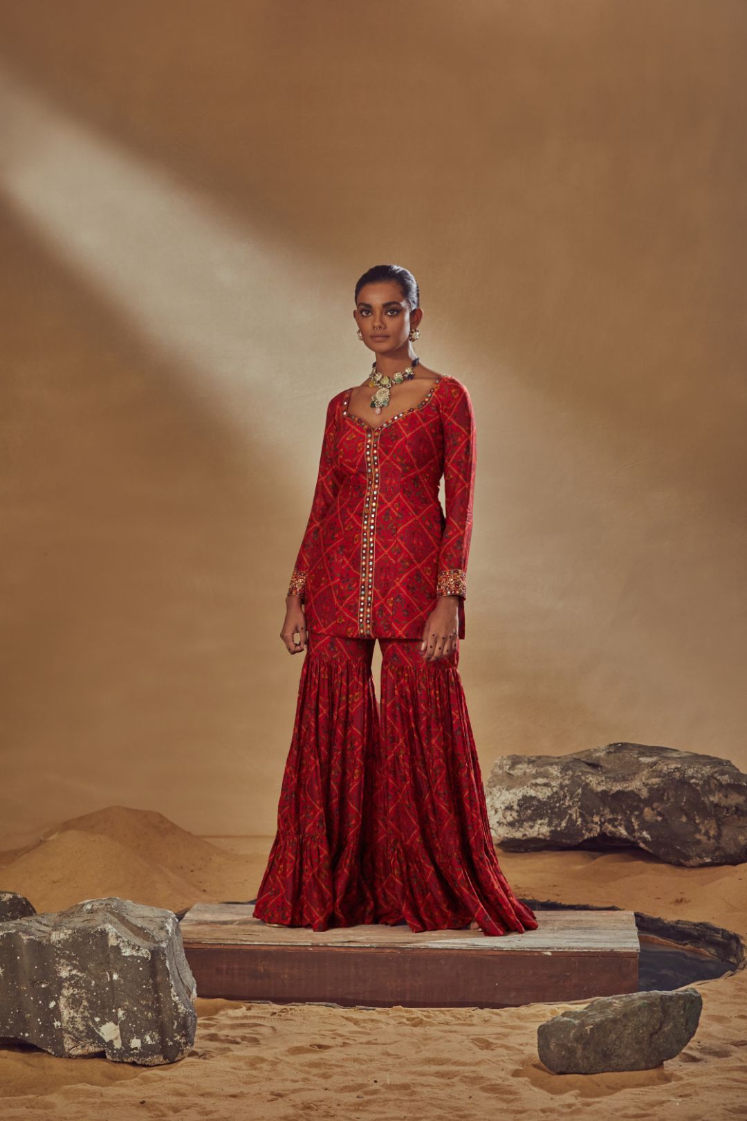 Women's Red Layered Printed Sharara Set | Drishti & Zahabia